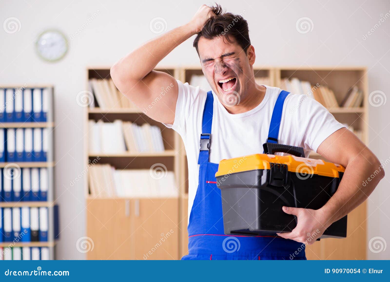 The Funny Worker with Dirty Face and Toolkit Stock Photo - Image of ...