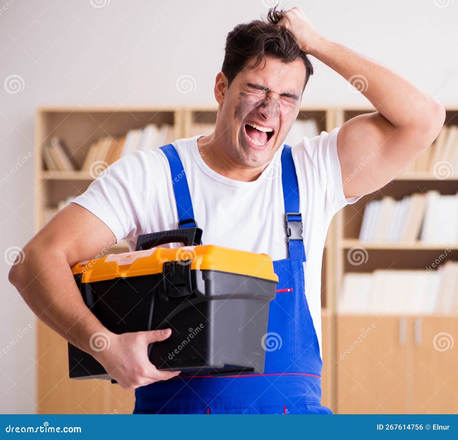 Funny Worker with Dirty Face and Toolkit Stock Photo - Image of ...