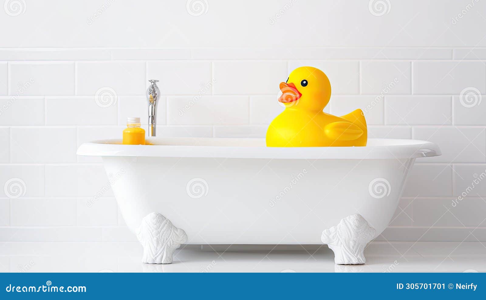 Funny Yellow Rubber Duck Floating in White Bathtub. Stock Image - Image ...