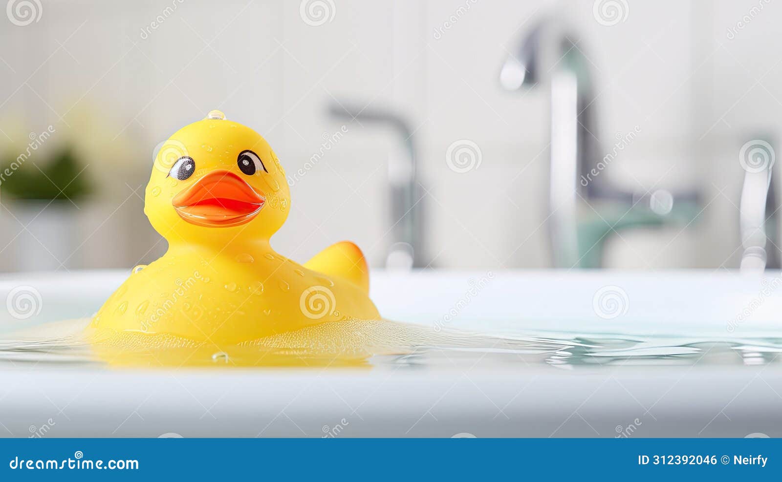 Funny Yellow Rubber Duck Floating in White Bathtub. Stock Photo - Image ...