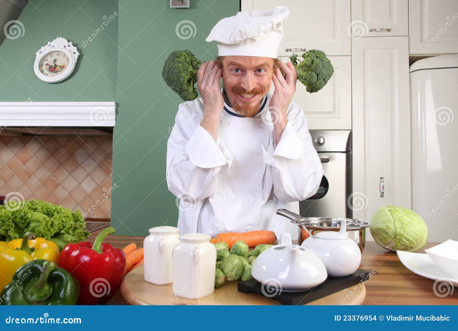 Funny Young Chef with Broccoli Stock Photo - Image of adult, clothing ...