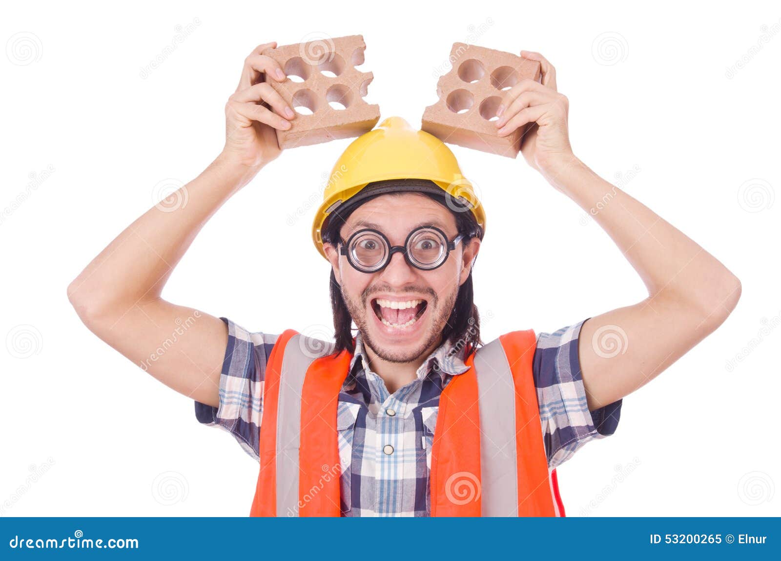 Funny Young Construction Worker with Broken Brick Stock Image - Image ...