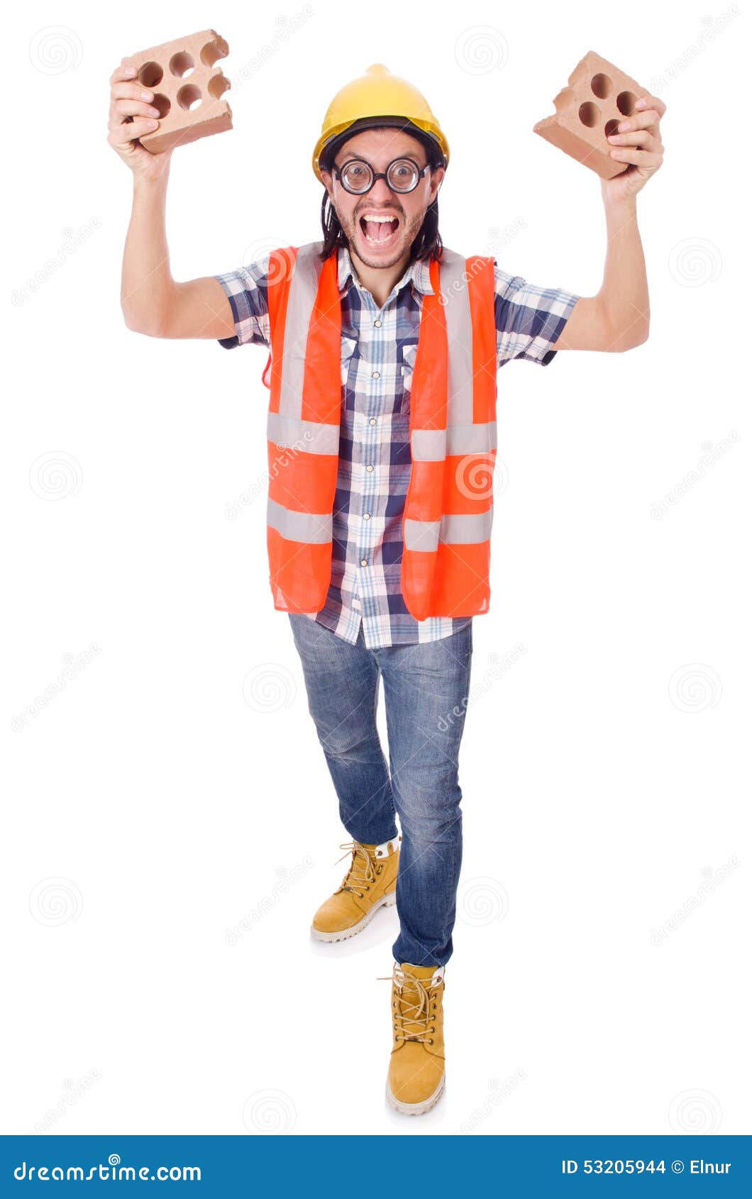 Funny Young Construction Worker with Broken Brick Stock Photo - Image ...