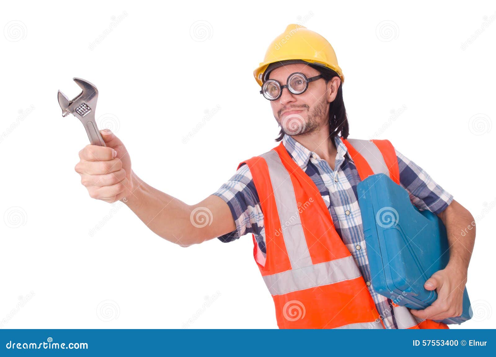 Funny Young Construction Worker with Toolbox and Stock Photo - Image of ...