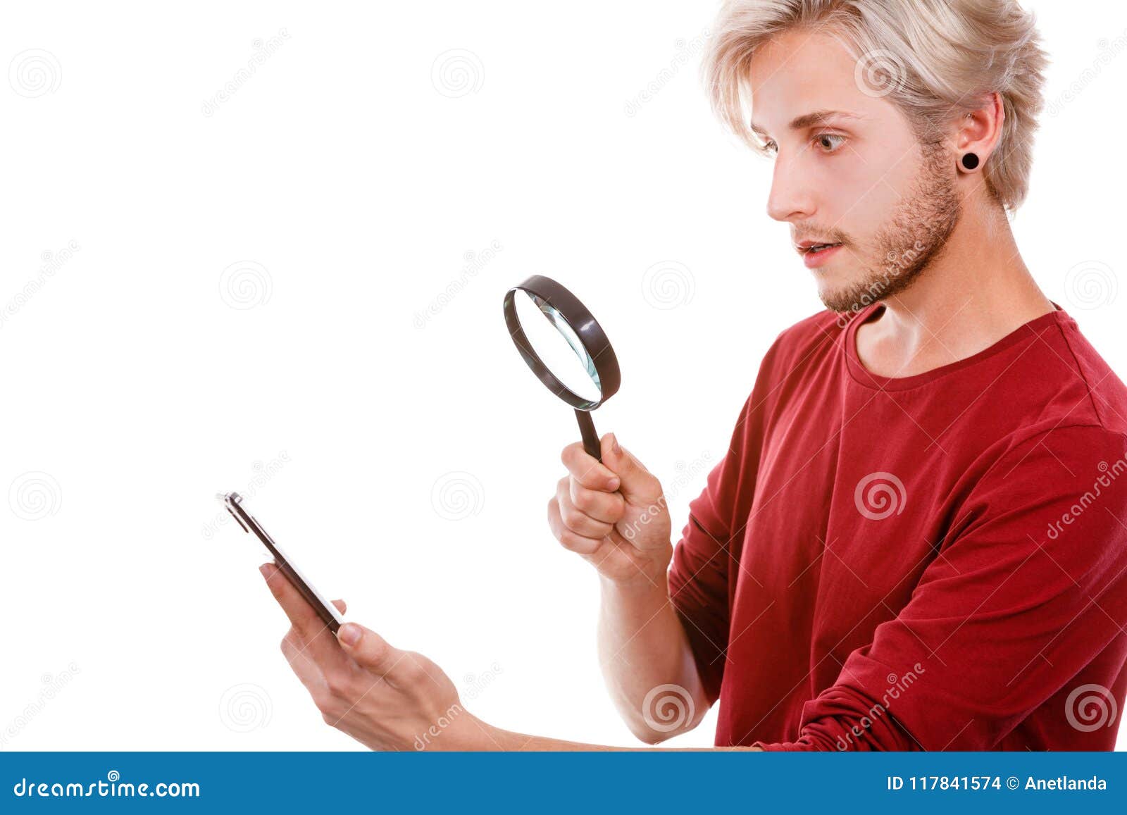Man Reading Message on Phone Using Loupe Stock Photo - Image of enlarge ...