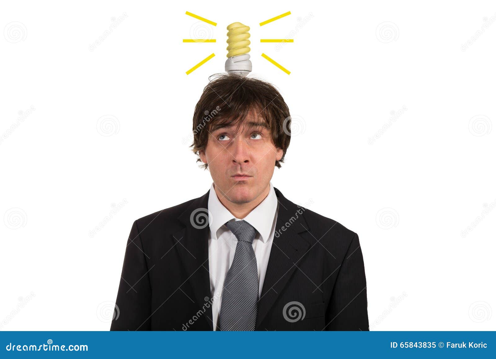 Funny Young Man with Light Bulb Over His Head, Isolated on White ...