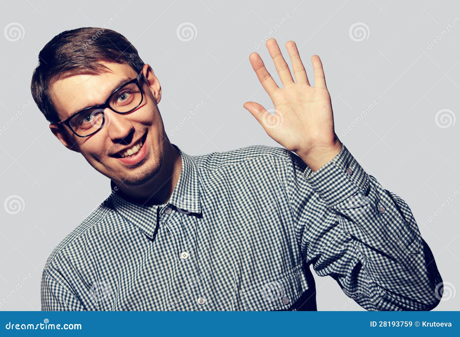 Funny young man say Hello stock image. Image of indoors - 28193759