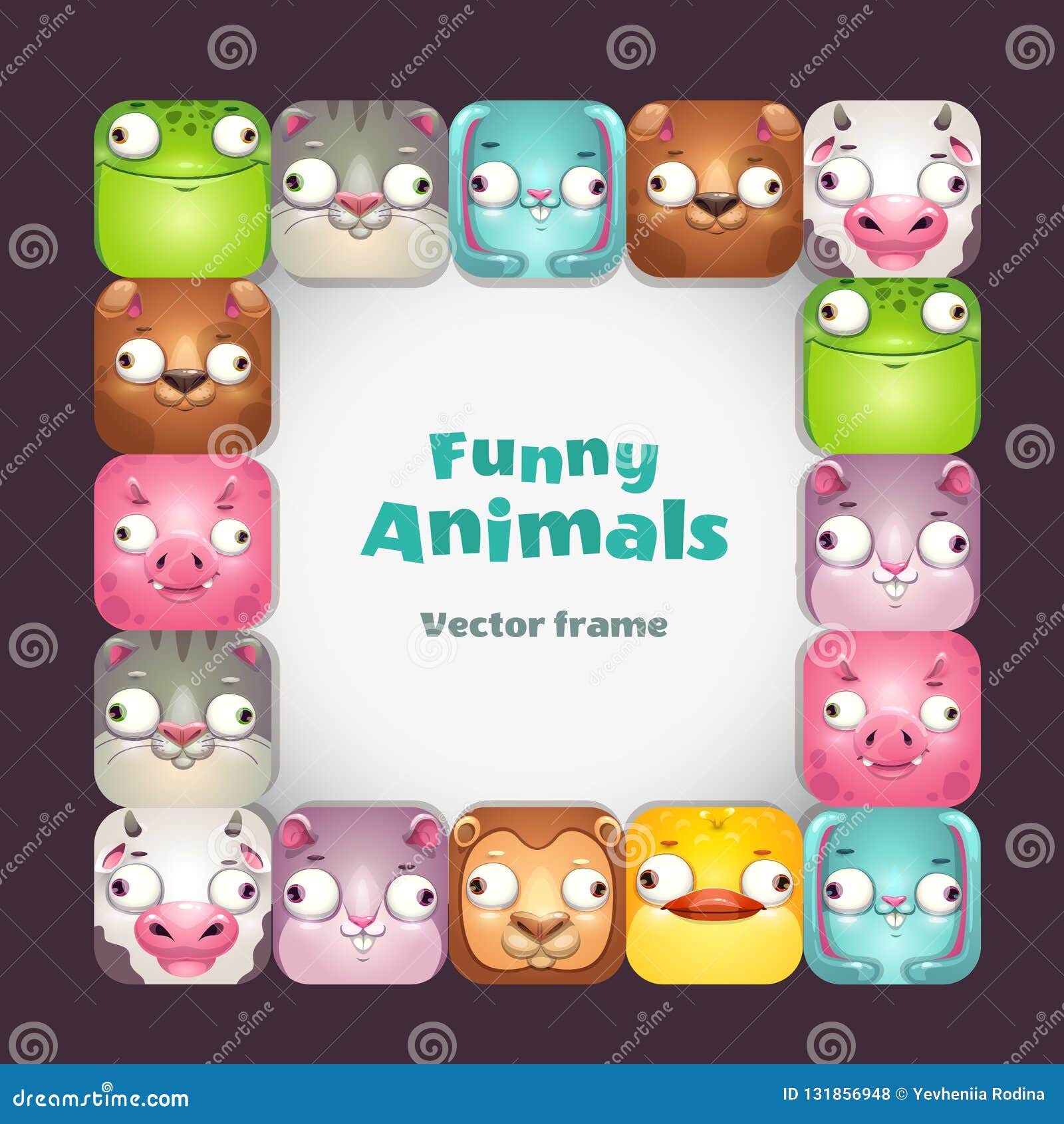 Funy Vector Square Frame with Comic Cartoon Animal Faces. Stock Vector ...