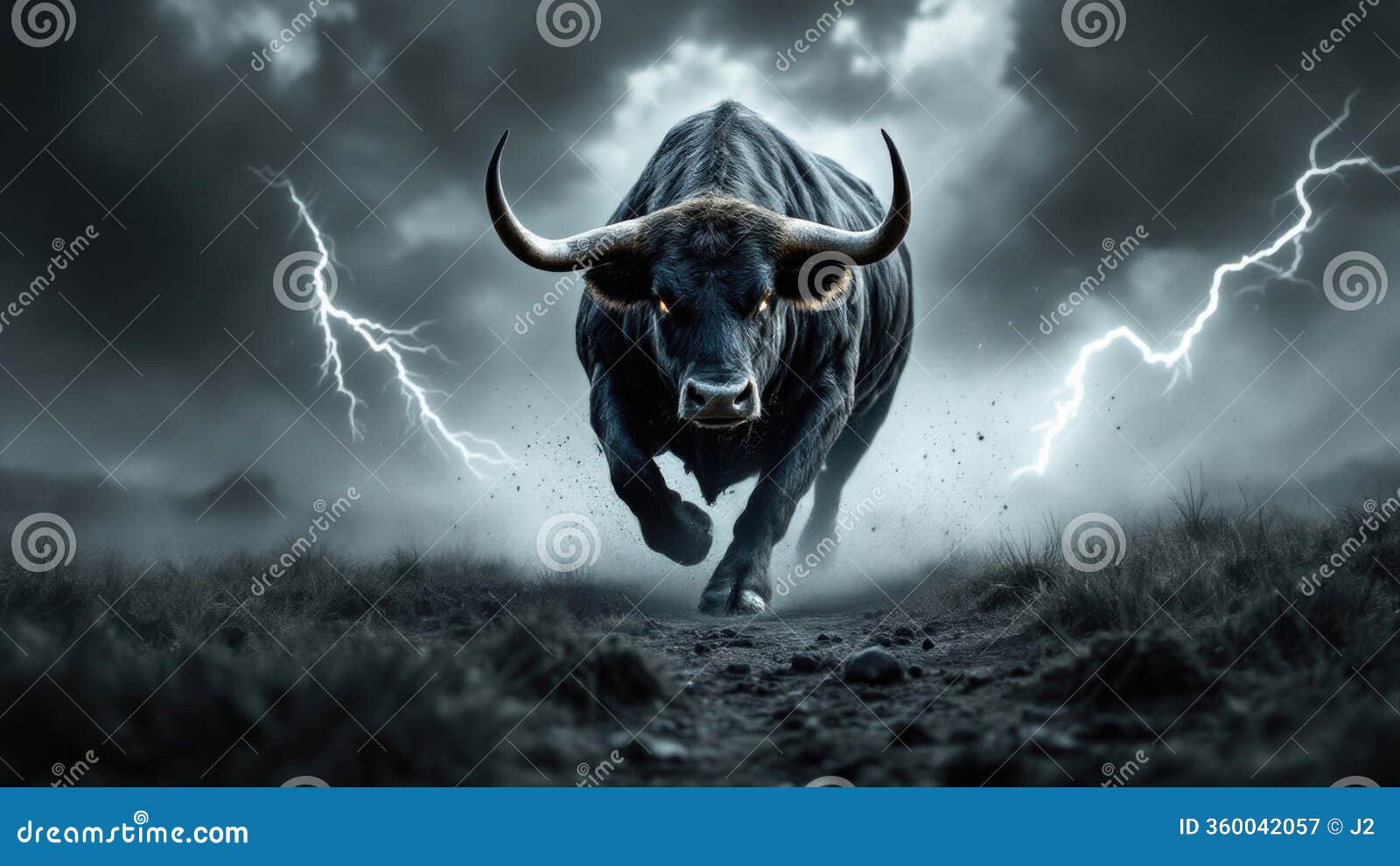 Furious Bull Charging through Storm with Lightning in Dramatic ...