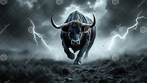 Furious Bull Charging through Storm with Lightning in Dramatic ...