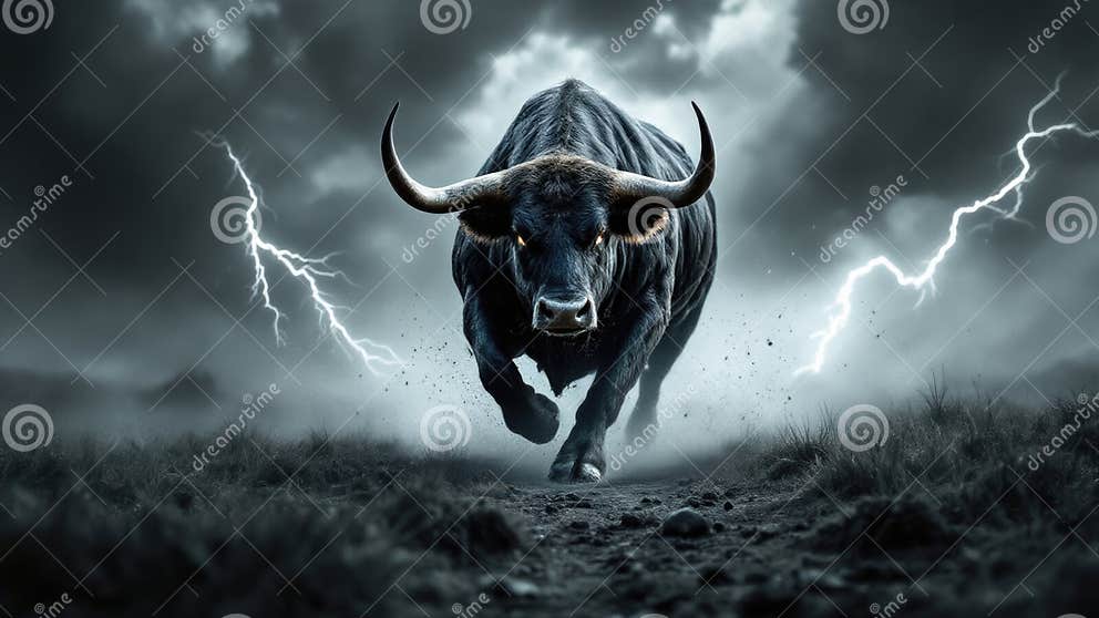 Furious Bull Charging through Storm with Lightning in Dramatic ...