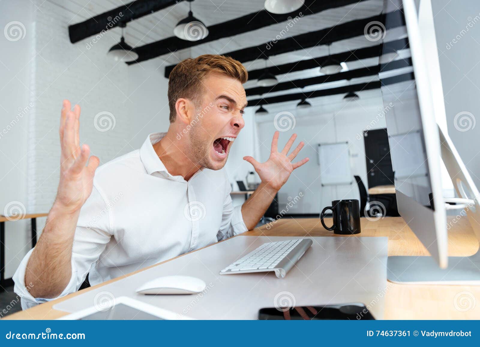 Furious Businessman Working with Computer and Shouting Stock Image ...