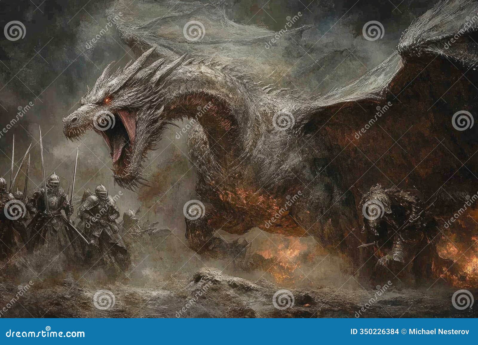 Furious Dragon Attacking Soldiers during Medieval Battle Stock Photo ...