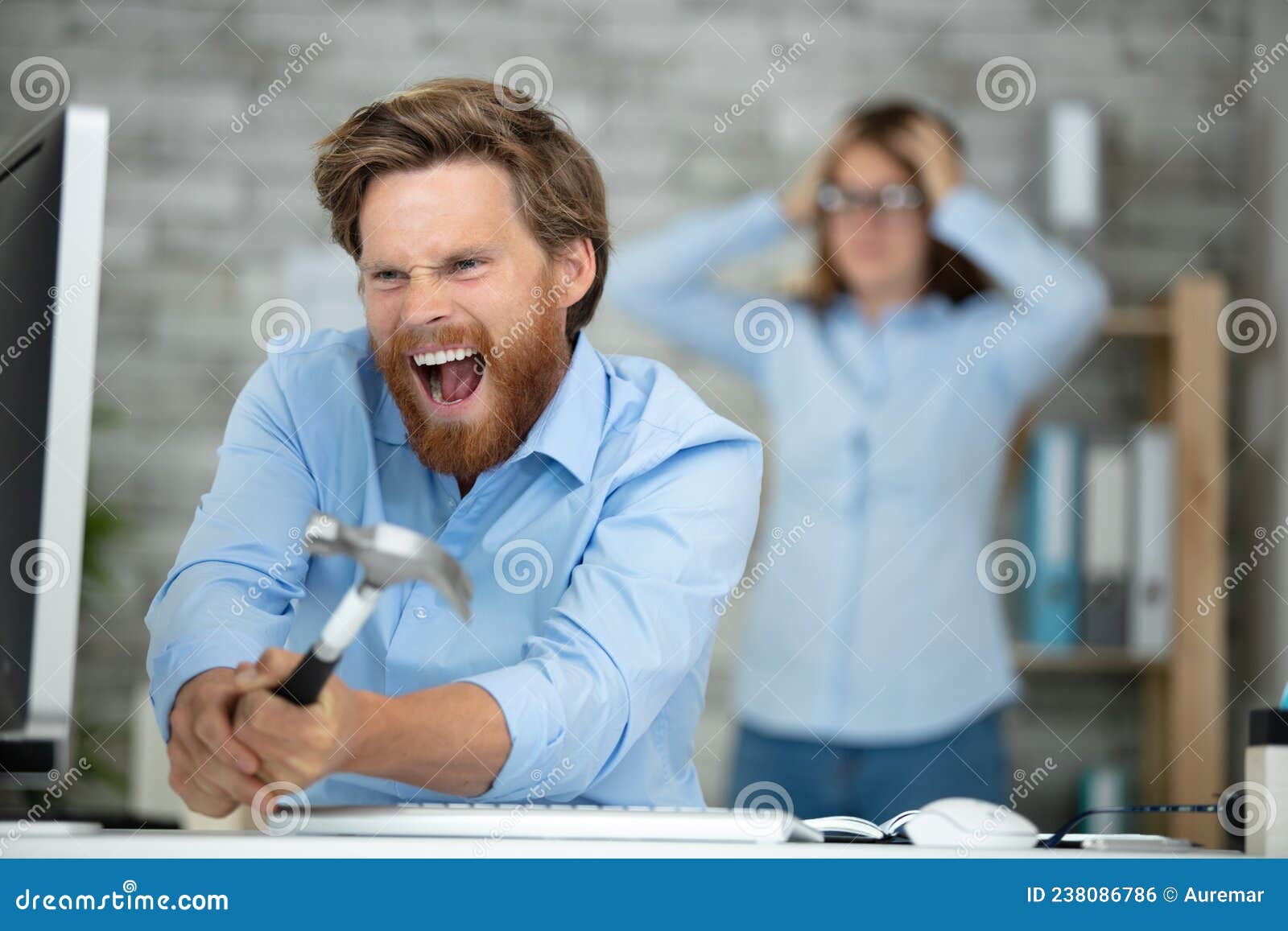 Furious Man Bearded Guy Office Swing Hammer on Computer Stock Photo ...