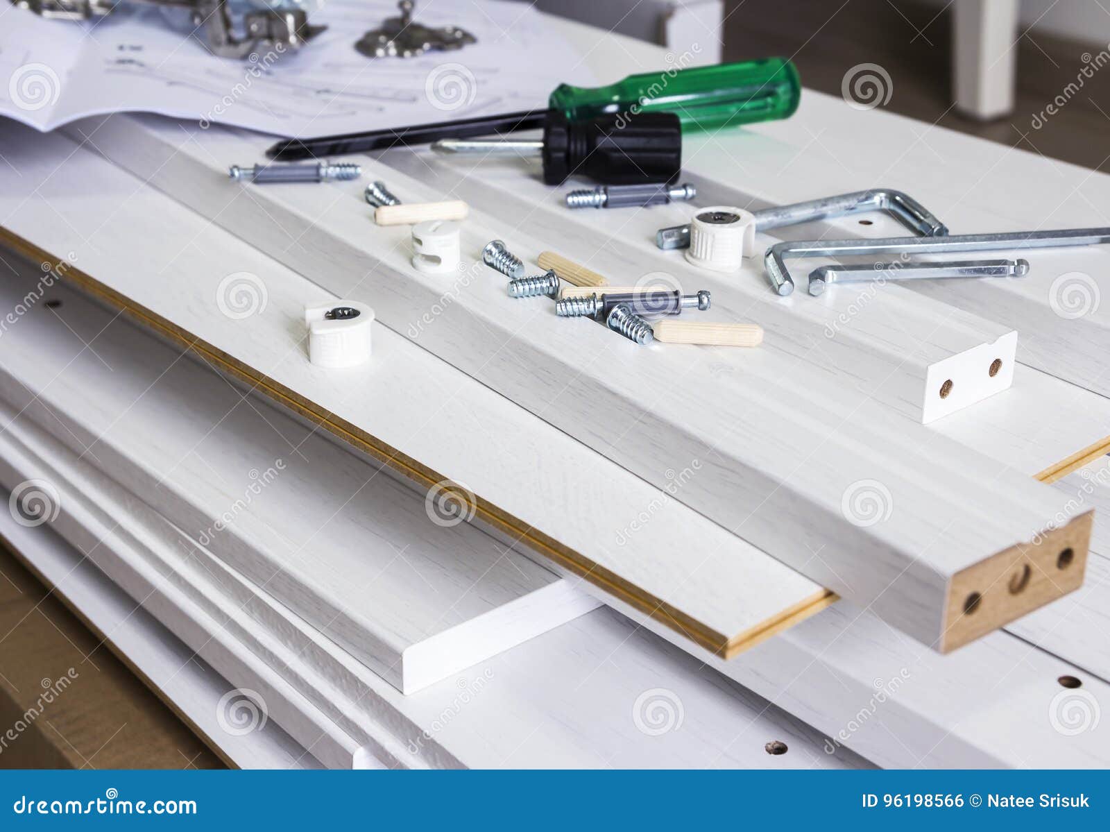 Furniture Assembly Concept of Tool and White Wood Stock Photo - Image ...