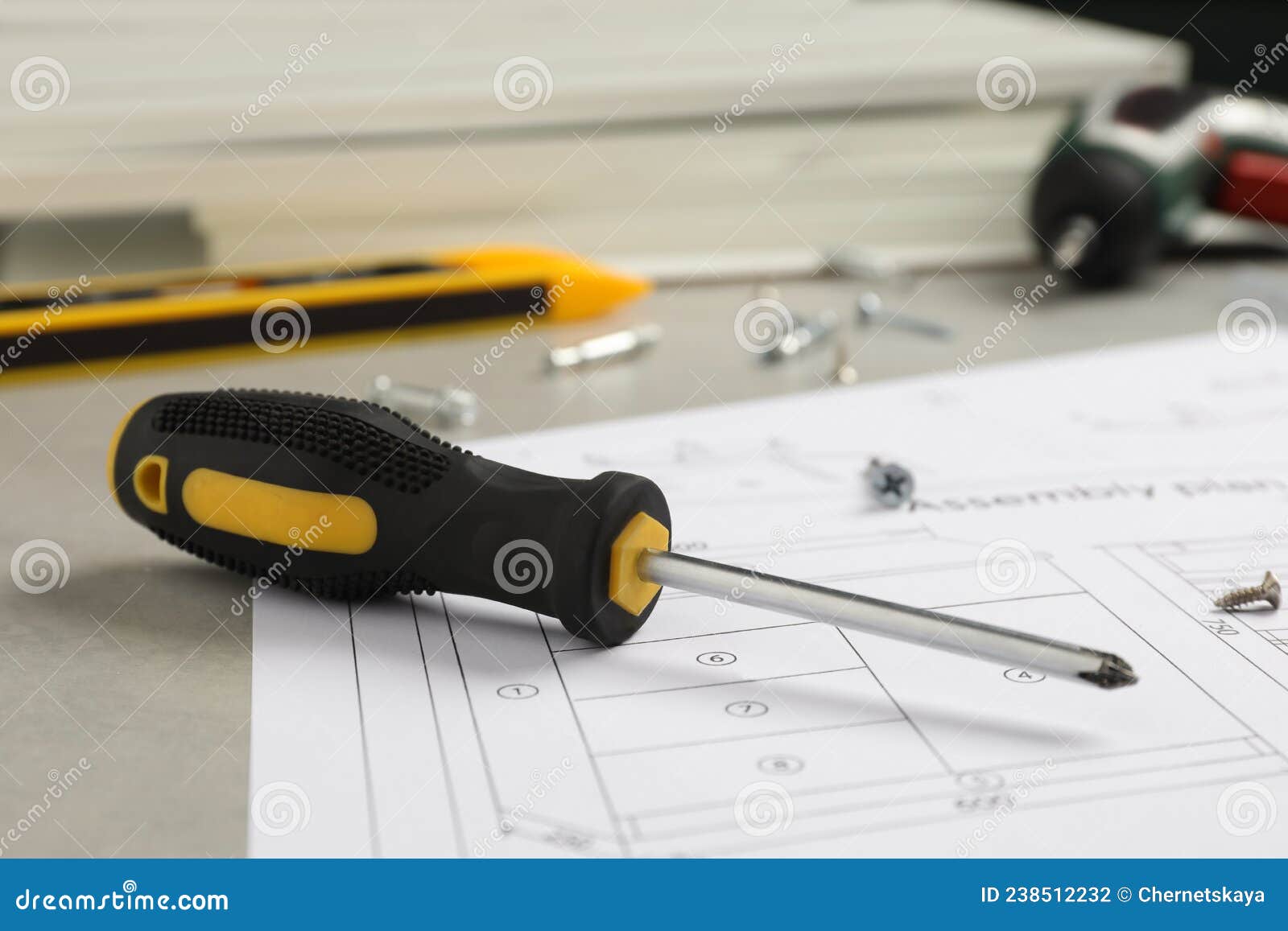Furniture Assembly Plan, Screwdriver and Different Fasteners on Light ...