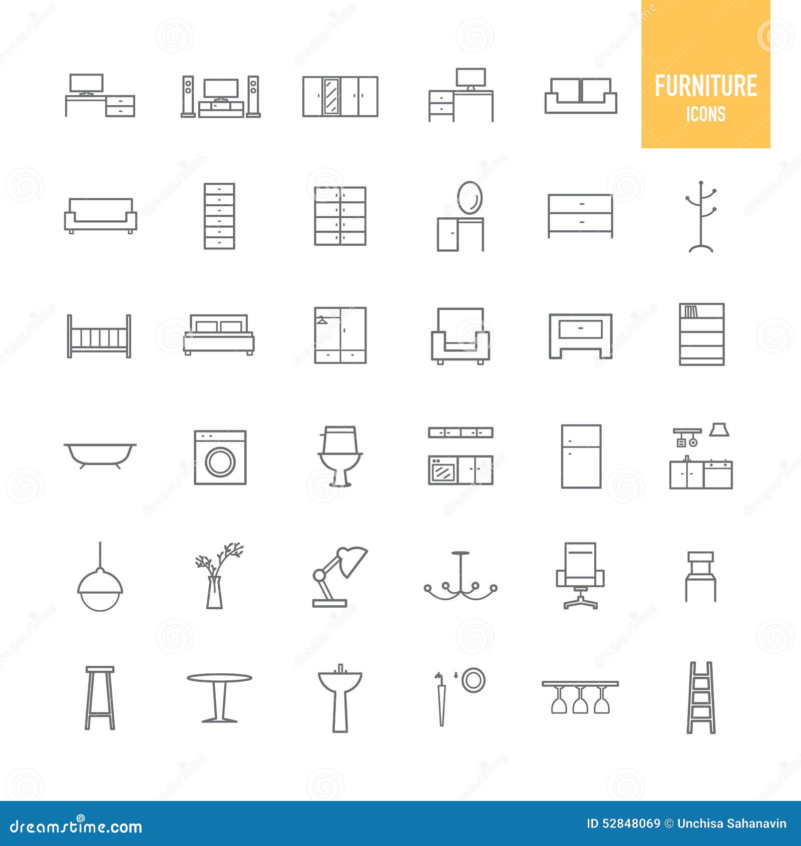 Furniture and Home Decor Icons Set. Stock Vector - Illustration of ...