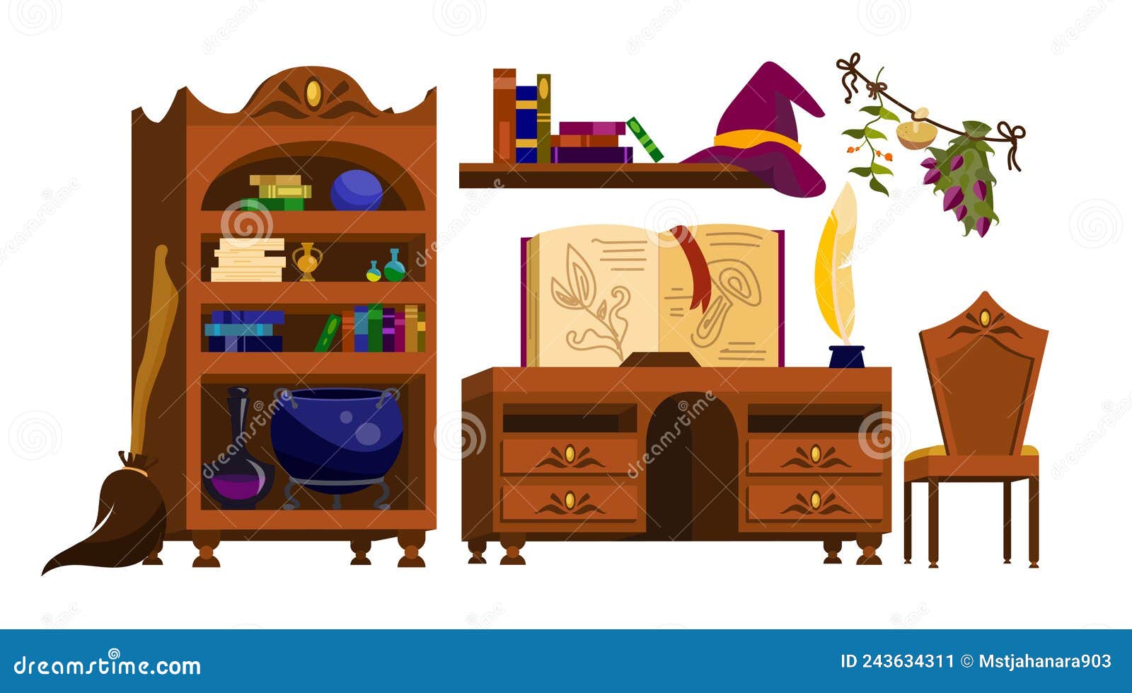 Furniture for Wizard School Interior Vector Illustrations Set Stock ...