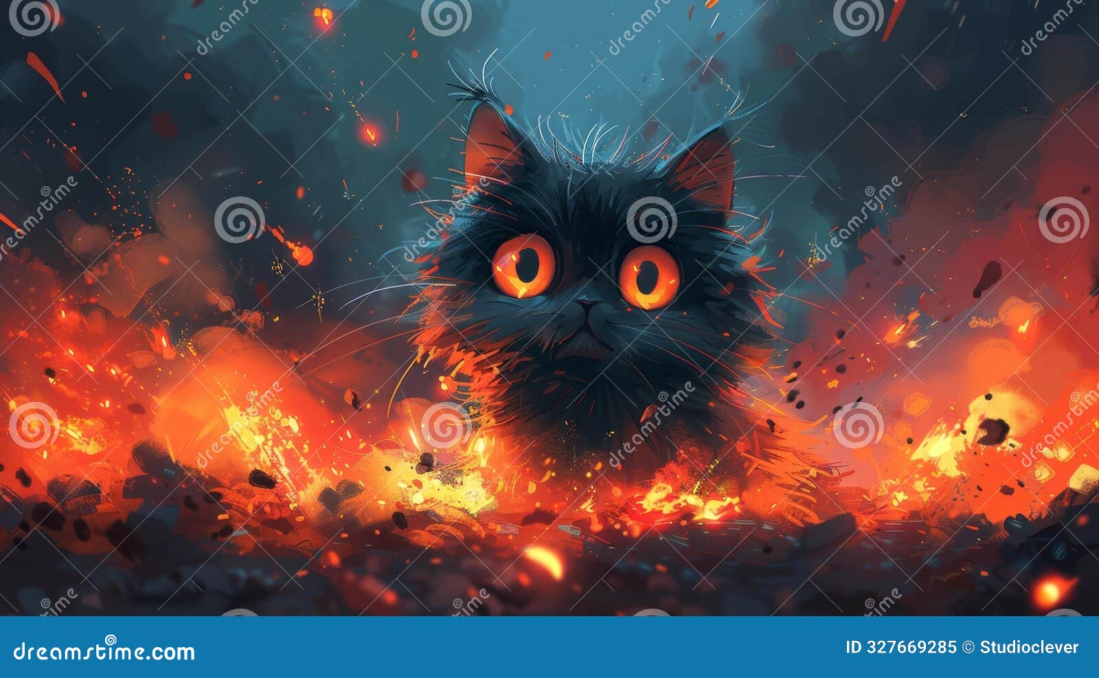 Furry Black Cat with Fiery Eyes in Dramatic Scene - Generative Ai Stock ...