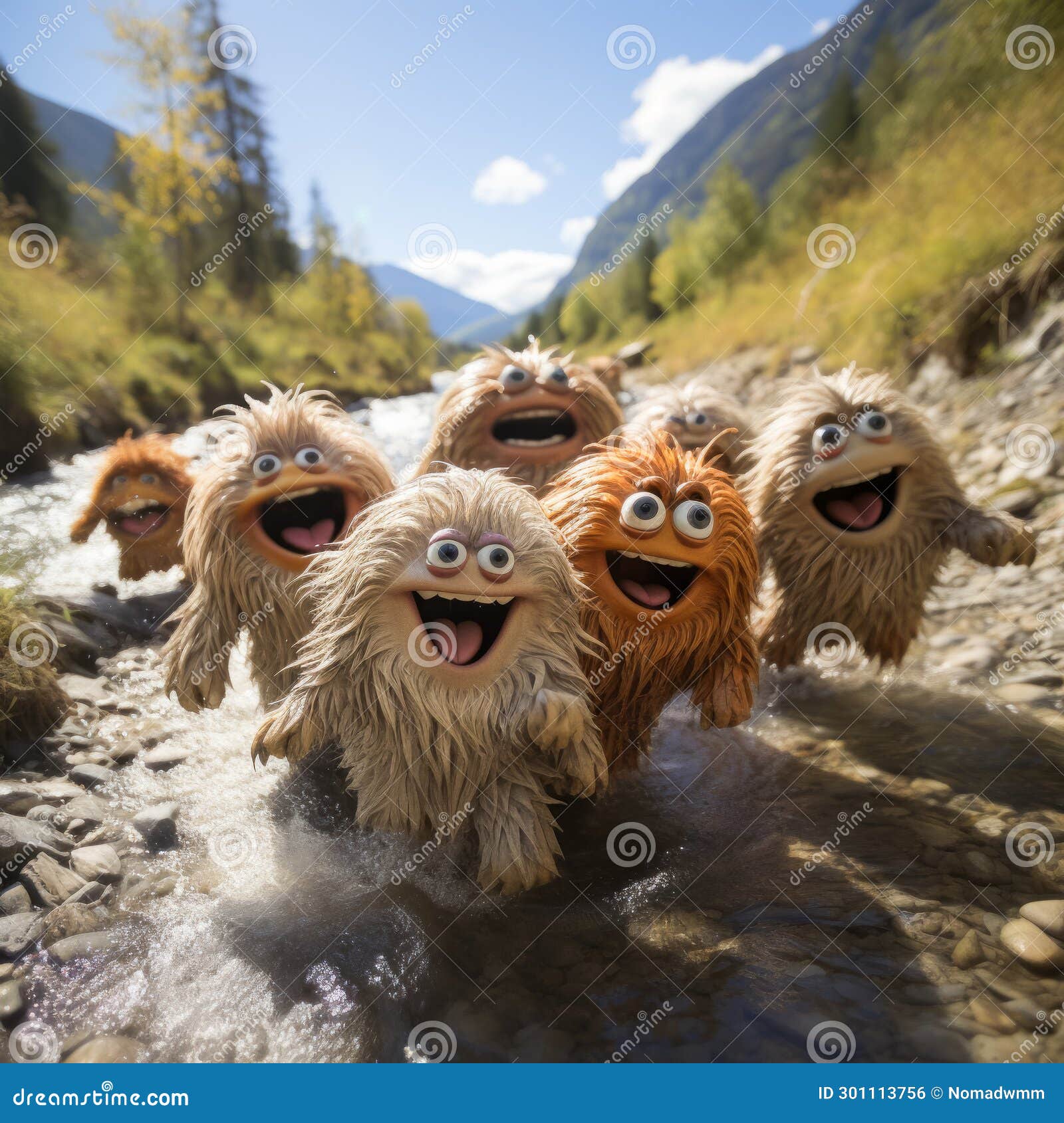 Furry Cartoon Men Running Along the River in the Valley Stock Photo ...
