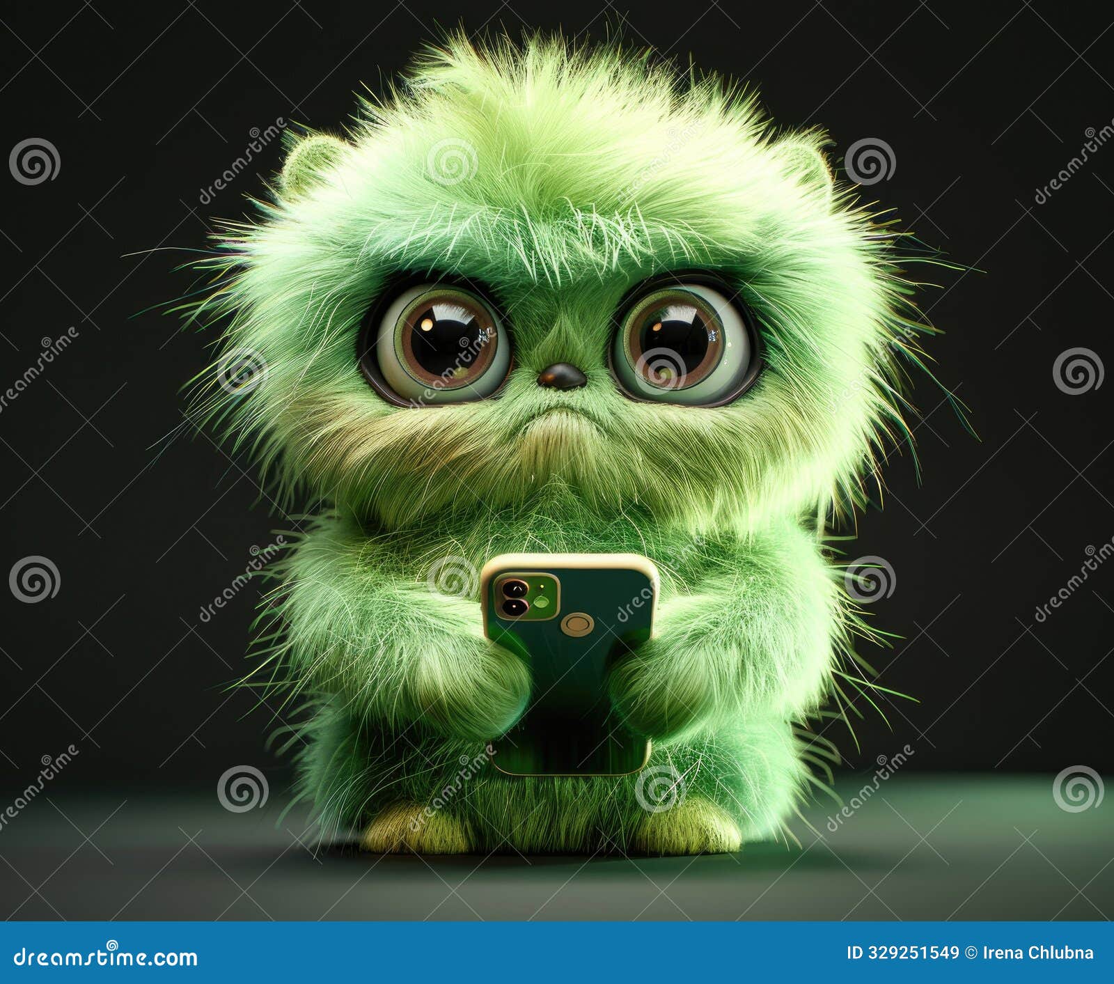 Furry Creature with Large Eyes Holding a Phone Stock Illustration ...
