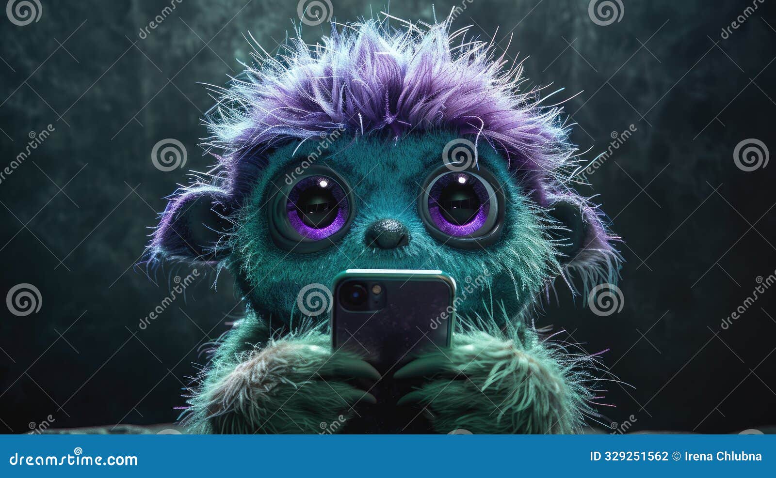Furry Creature with Large Eyes Holding a Phone Stock Illustration ...
