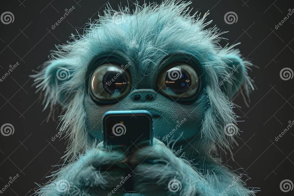 Furry Creature with Large Eyes Holding a Phone Stock Illustration ...
