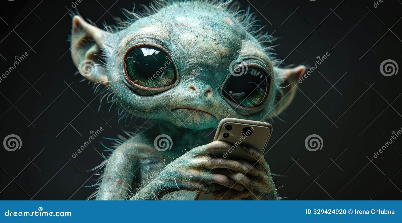 Furry Creature with Large Eyes Holding a Phone Stock Illustration ...