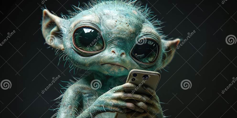 Furry Creature with Large Eyes Holding a Phone Stock Illustration ...