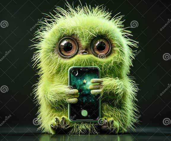 Furry Creature with Large Eyes Holding a Phone Stock Illustration ...
