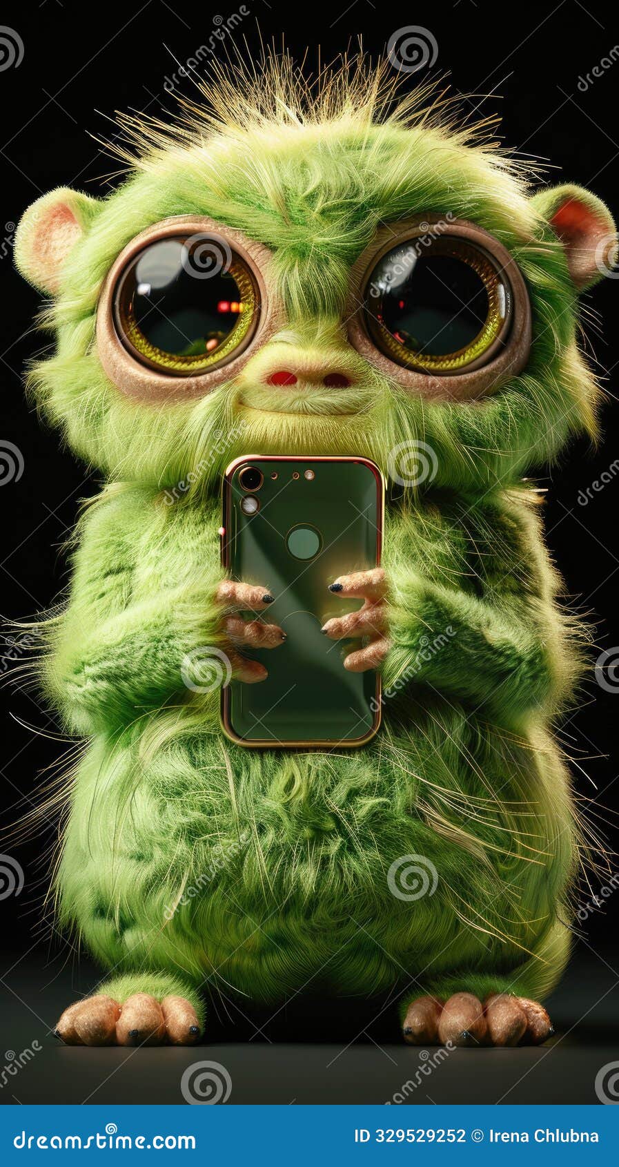 Furry Creature with Large Eyes Holding a Phone Stock Illustration ...