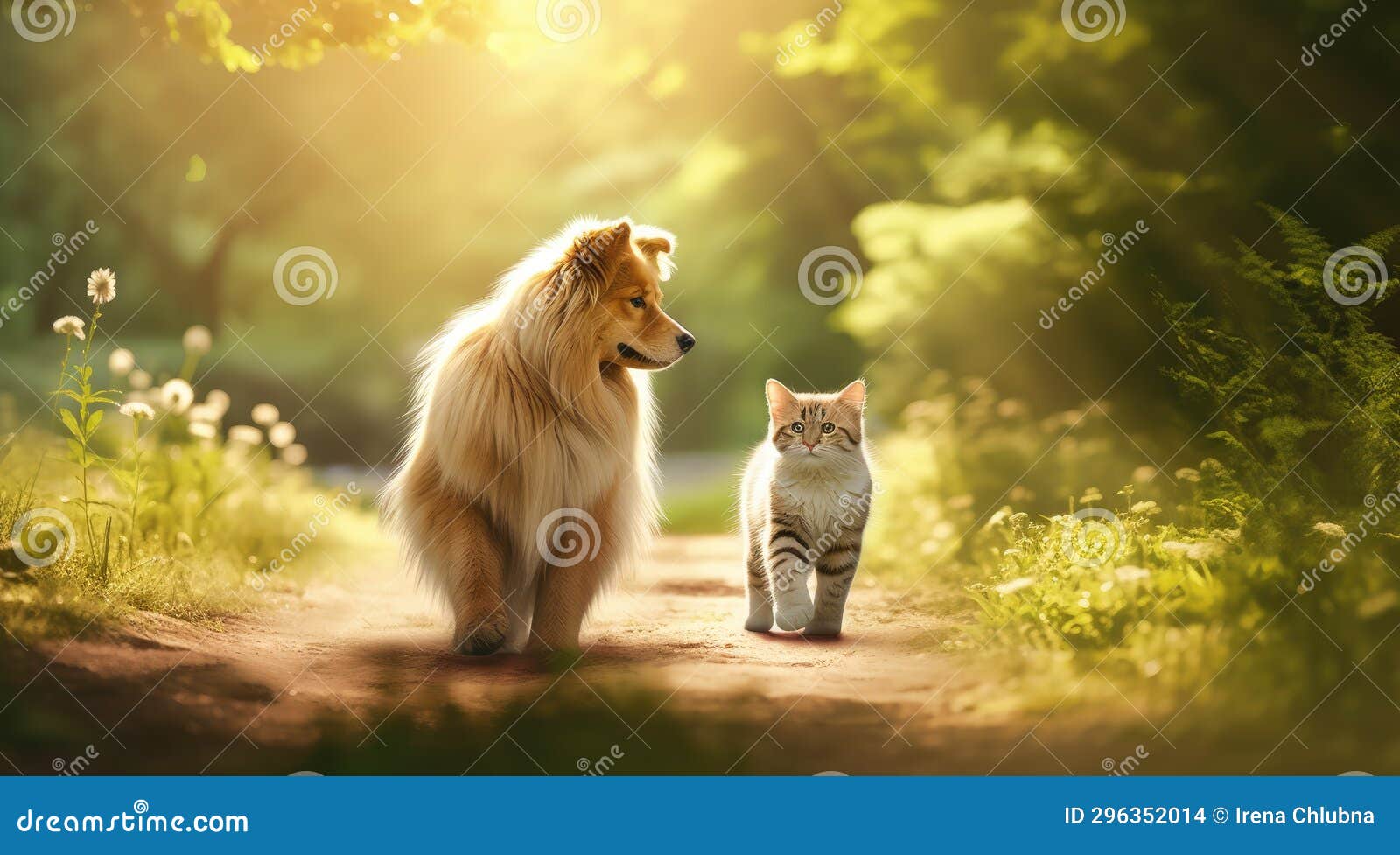 Furry Friends Cat and Dog Walking. Generative AI Stock Illustration ...