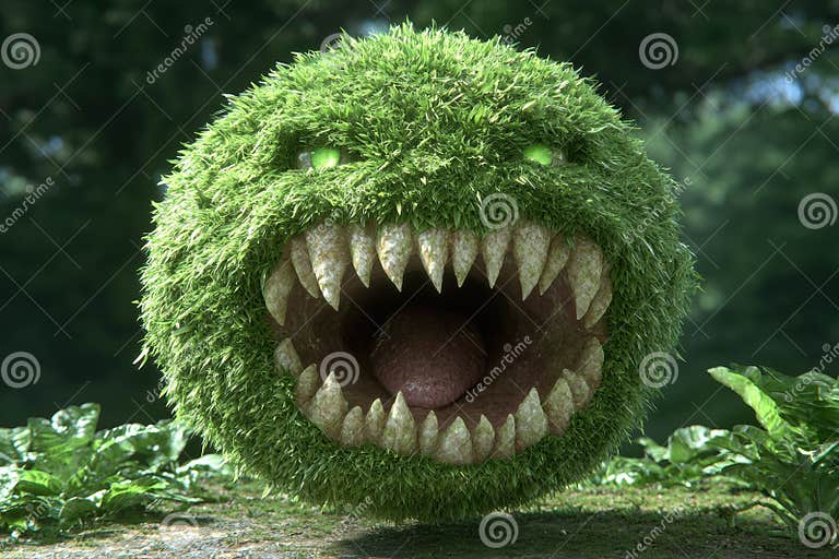 Furry Green Monster with Sharp Teeth Stock Illustration - Illustration ...