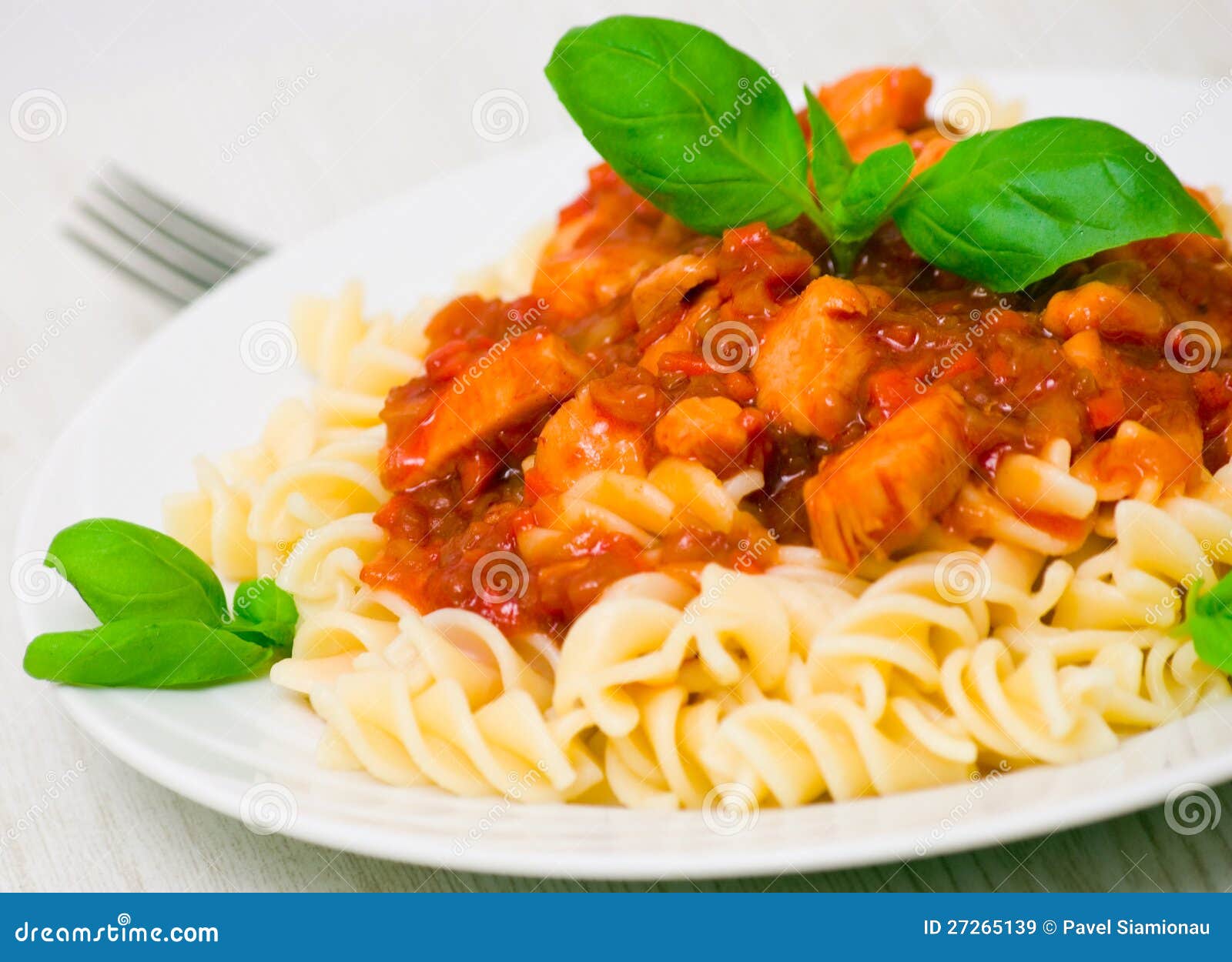 Fusilli Pasta with Chicken Breast in Tomato Sauce Stock Image - Image ...
