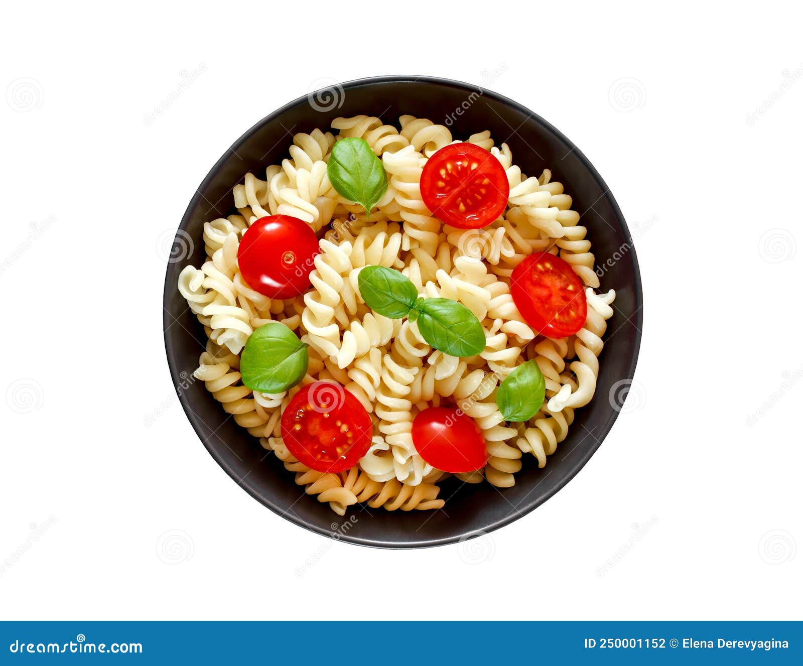 Fusilli Pasta Cooked with Tomatoes and Basil in Dark Gray Bowl, Top ...