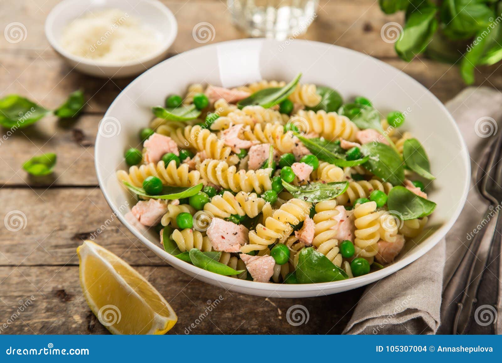 Fusilli Pasta with Salmon, Spinach and Grean Peas Stock Photo - Image ...
