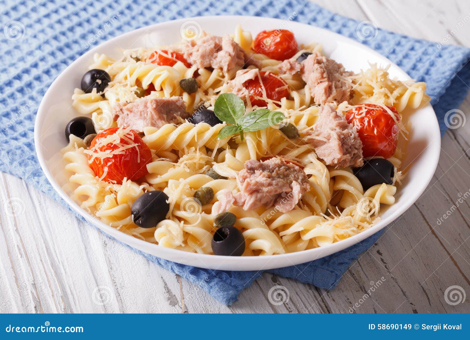 Fusilli Pasta with Tuna, Tomatoes and Parmesan on the Table. Hor Stock ...