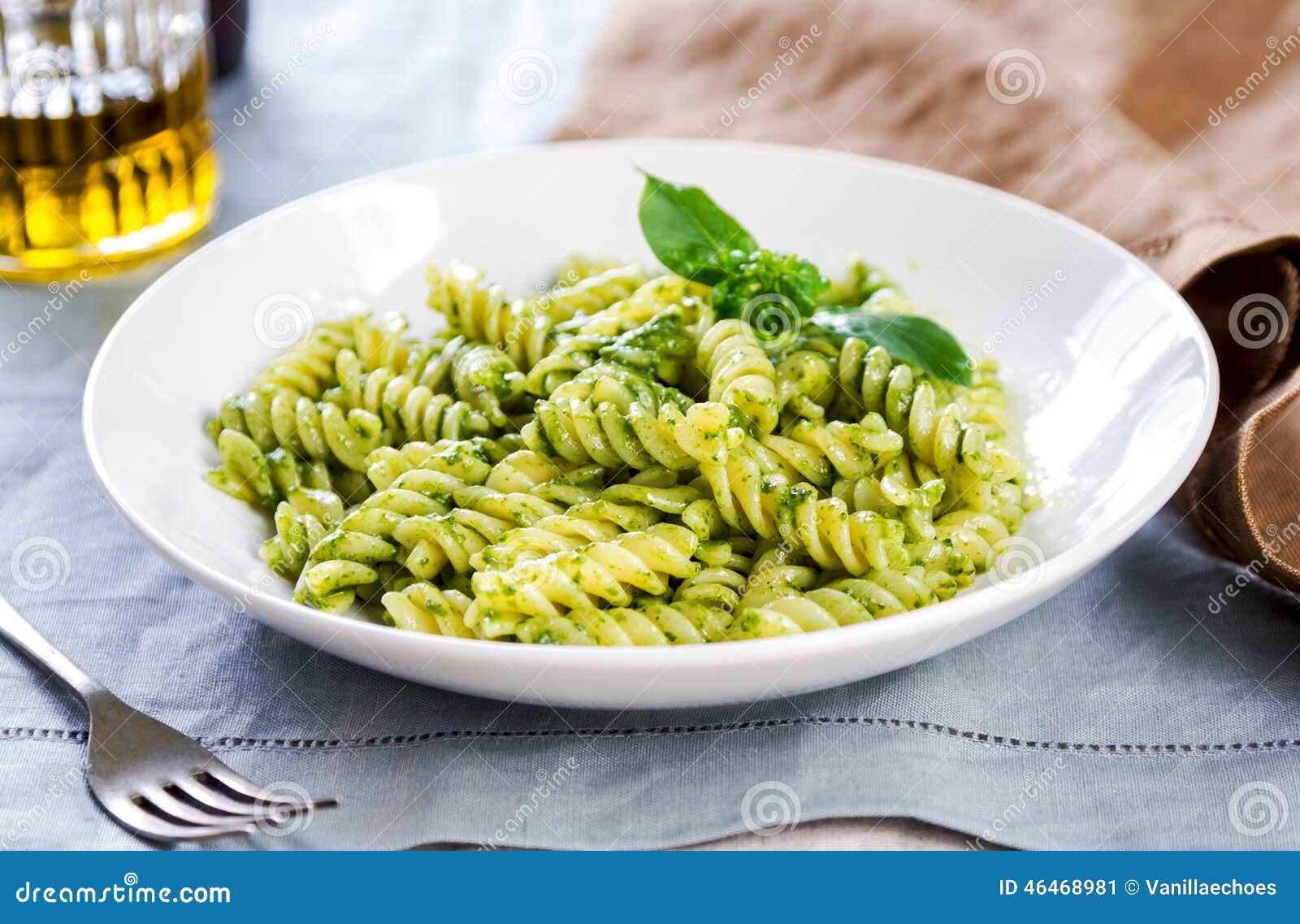 Fusilli in Pesto sauce stock image. Image of calories - 46468981