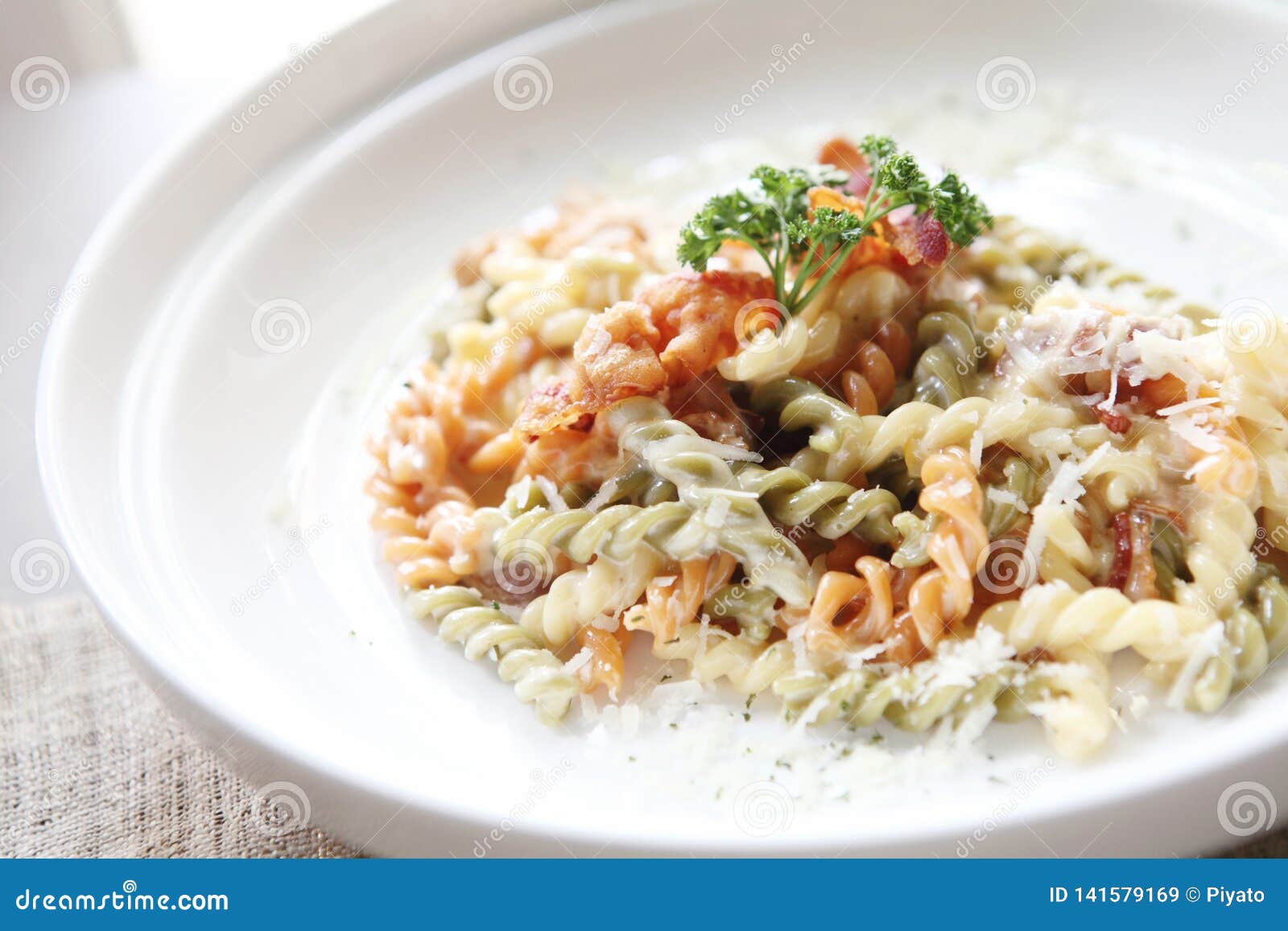 Fusilli Spaghetti Carbonara Stock Image - Image of healthy, menu: 141579169