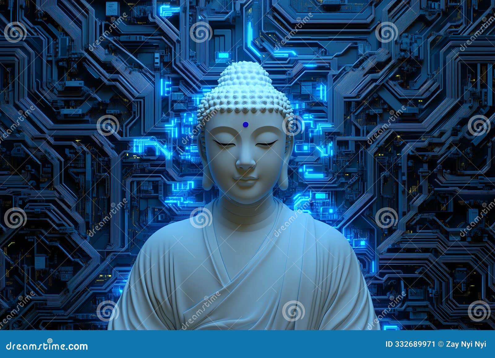 A Fusion of Wisdom Embodied by a Buddha Statue Against a Circuit Board ...