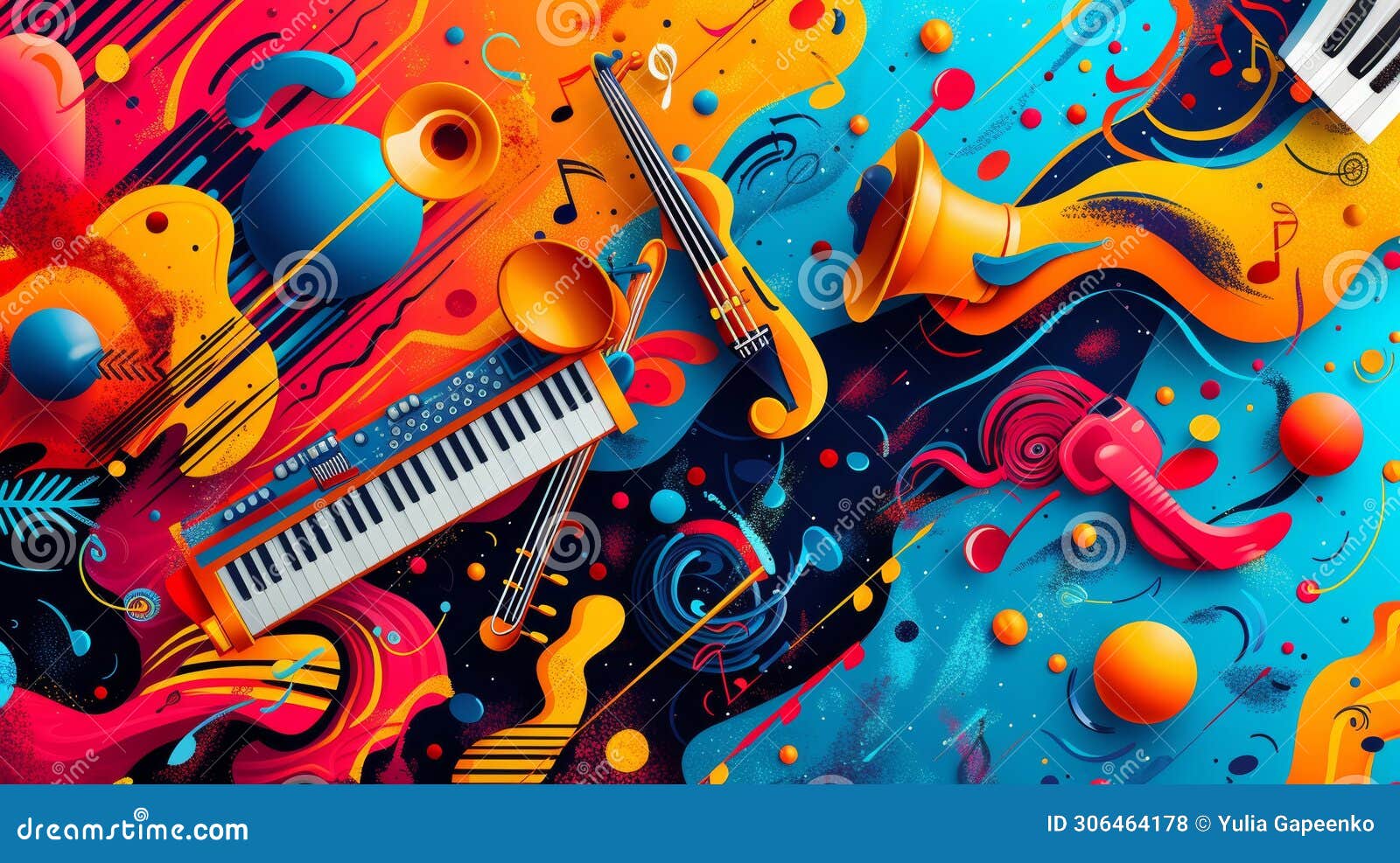A Fusion of Musical Instruments and Funky Patterns in a Vibrant, Retro ...