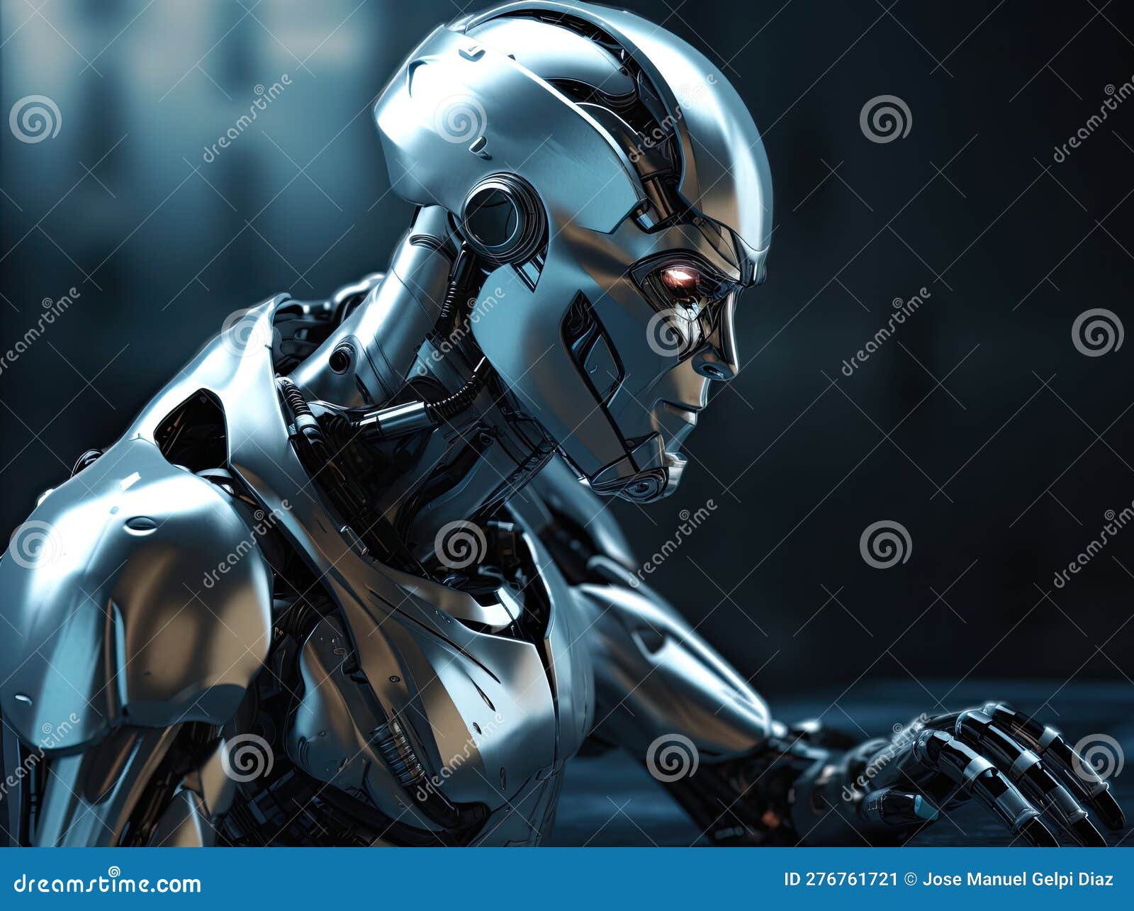 The Future is Already Here. Portrait of Humanized Robot Thinking ...