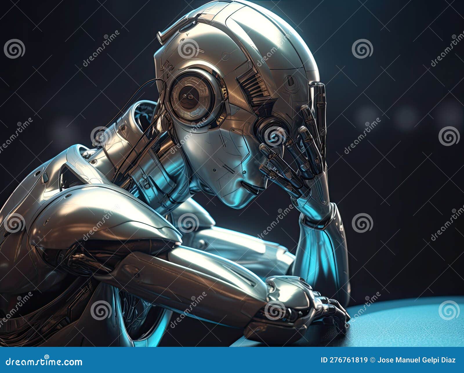 The Future is Already Here. Portrait of Humanized Robot Thinking ...