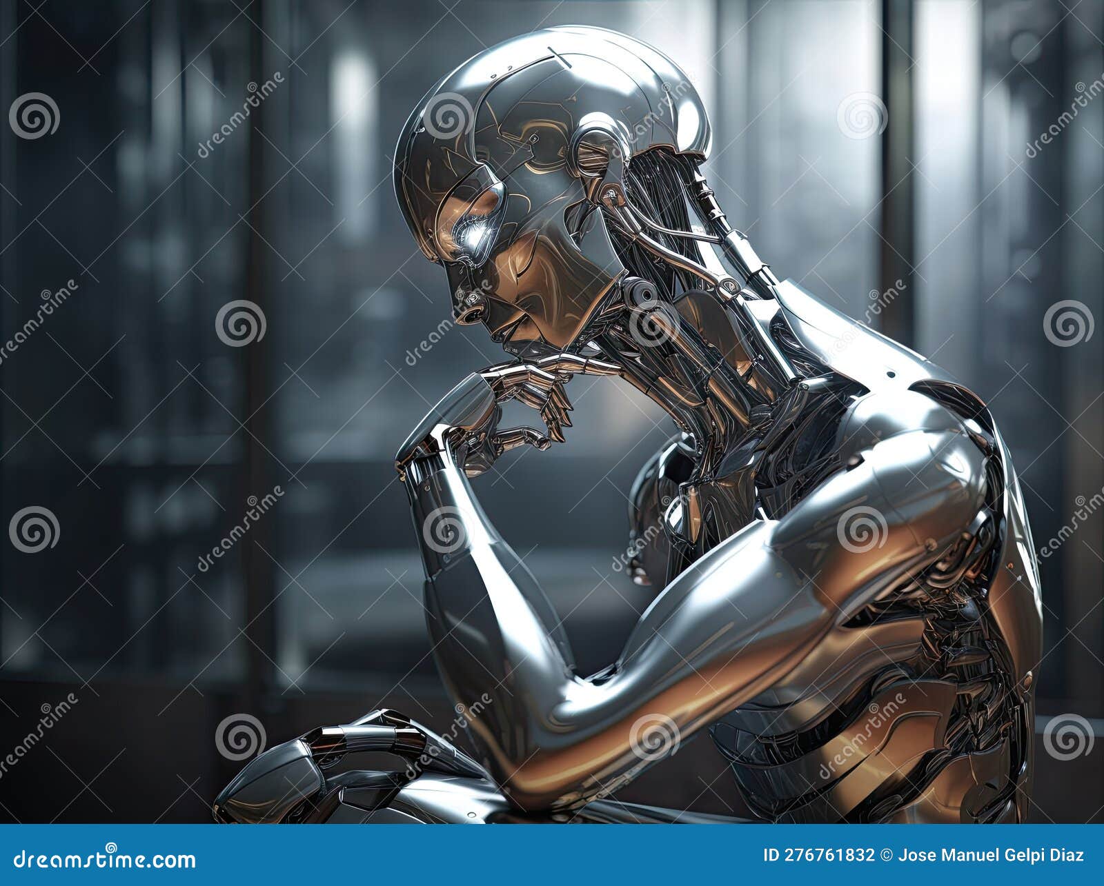 The Future is Already Here. Portrait of Humanized Robot Thinking ...