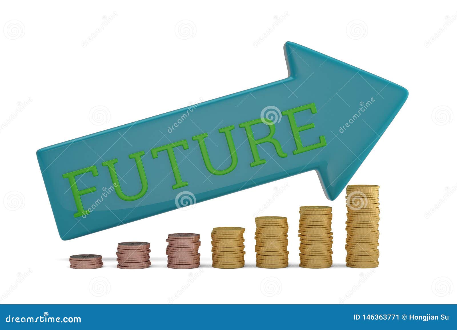 Future Arrow and Coin Stacks Isolated on White Background. 3D ...
