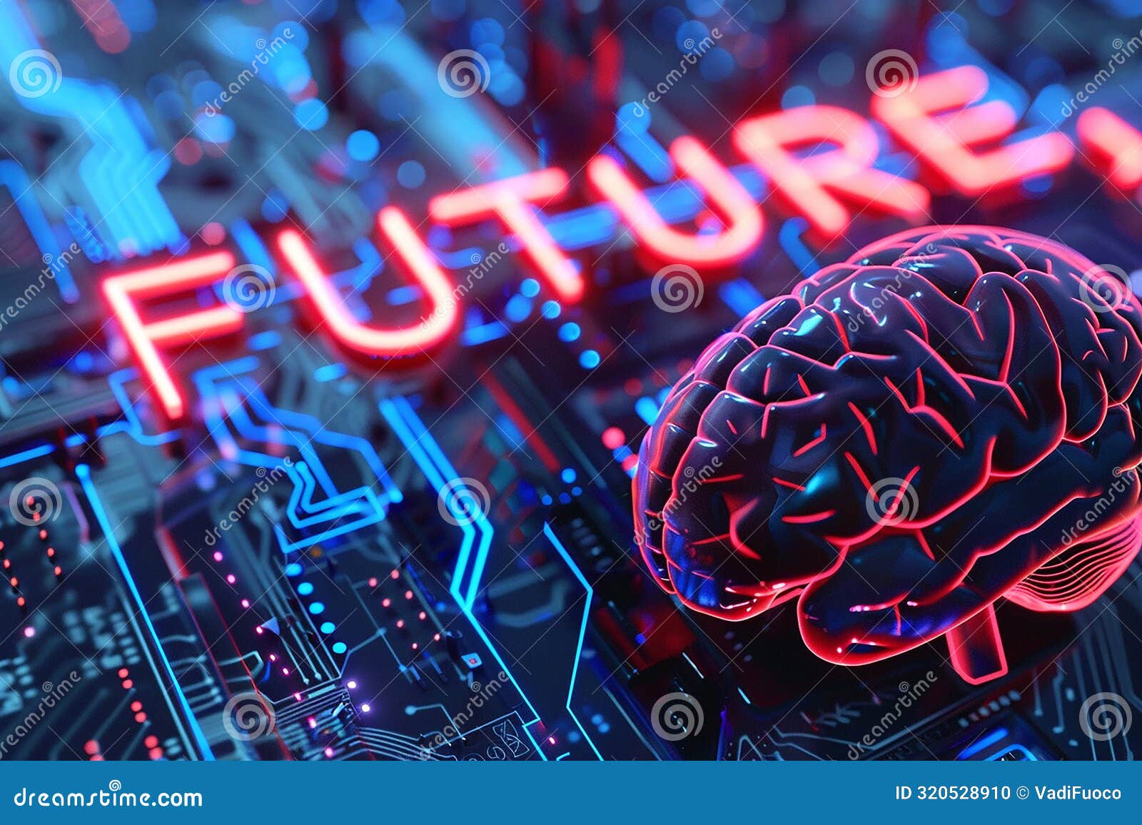 Future, Artificial Intelligence Server on Neon Brain Background Stock ...