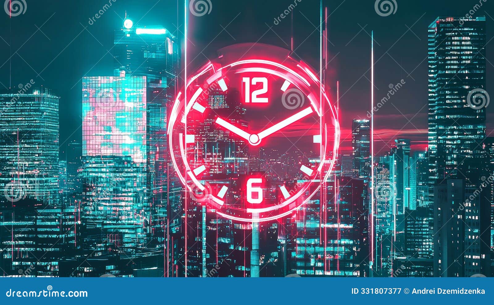Future Cityscape with Massive Holographic Clock Shown on a Skyscraper ...