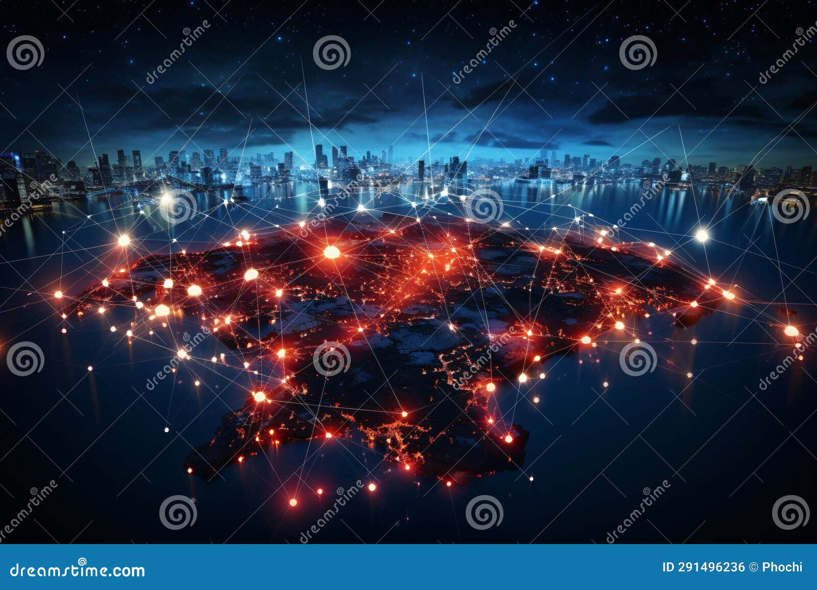 The Future of Communication, a Cityscape at Night Stock Illustration ...