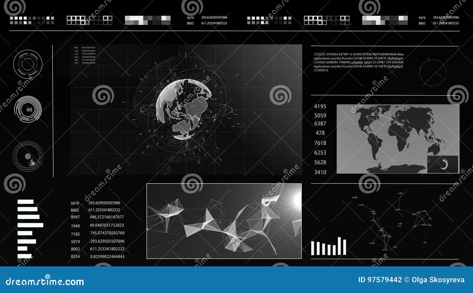 Future Concept Virtual Touch User Interface HUD with a World Map, Graphs, Hologram and Plexus ...