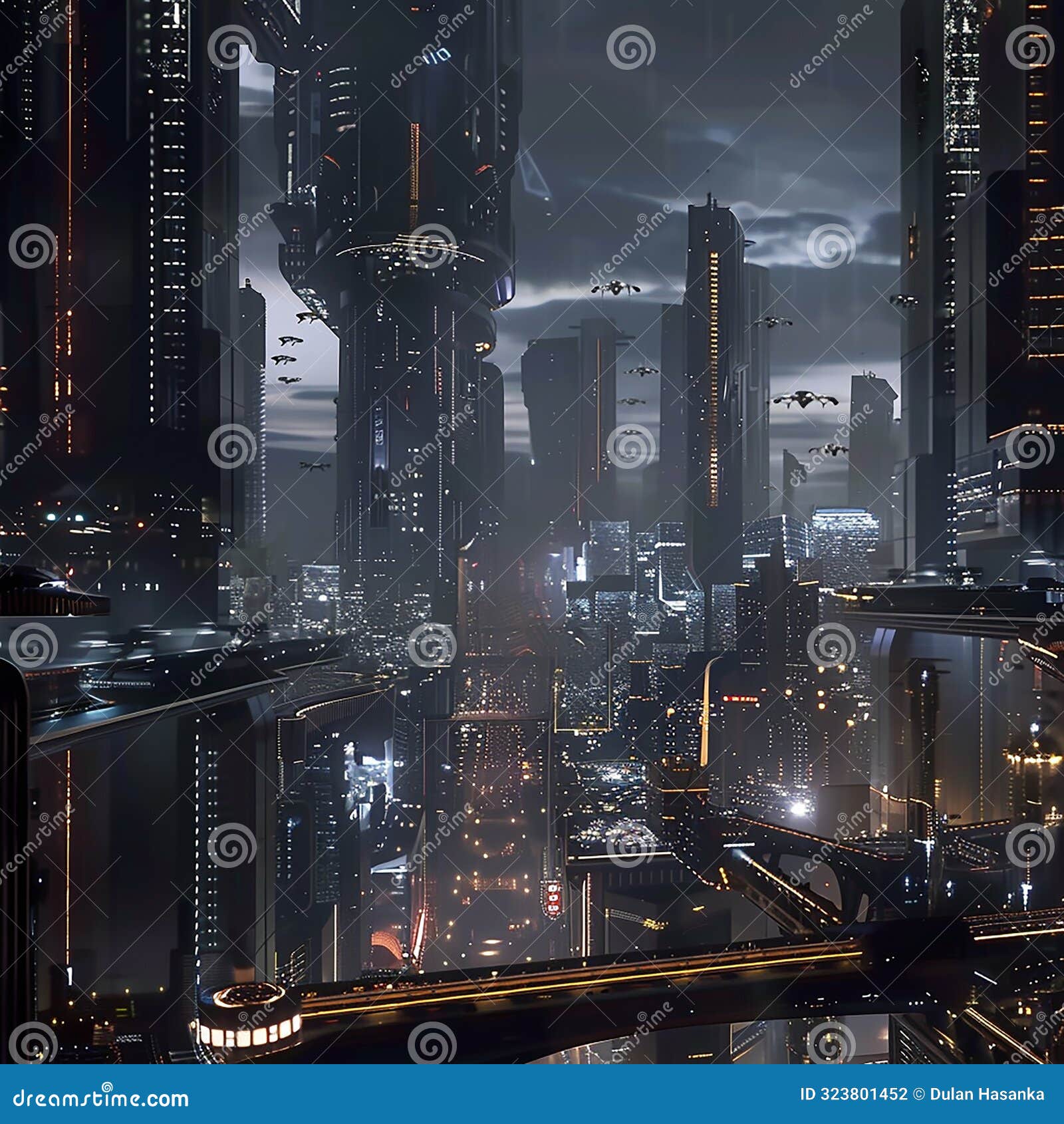 Future Cyber City with Large Technical Building and Lights Stock ...